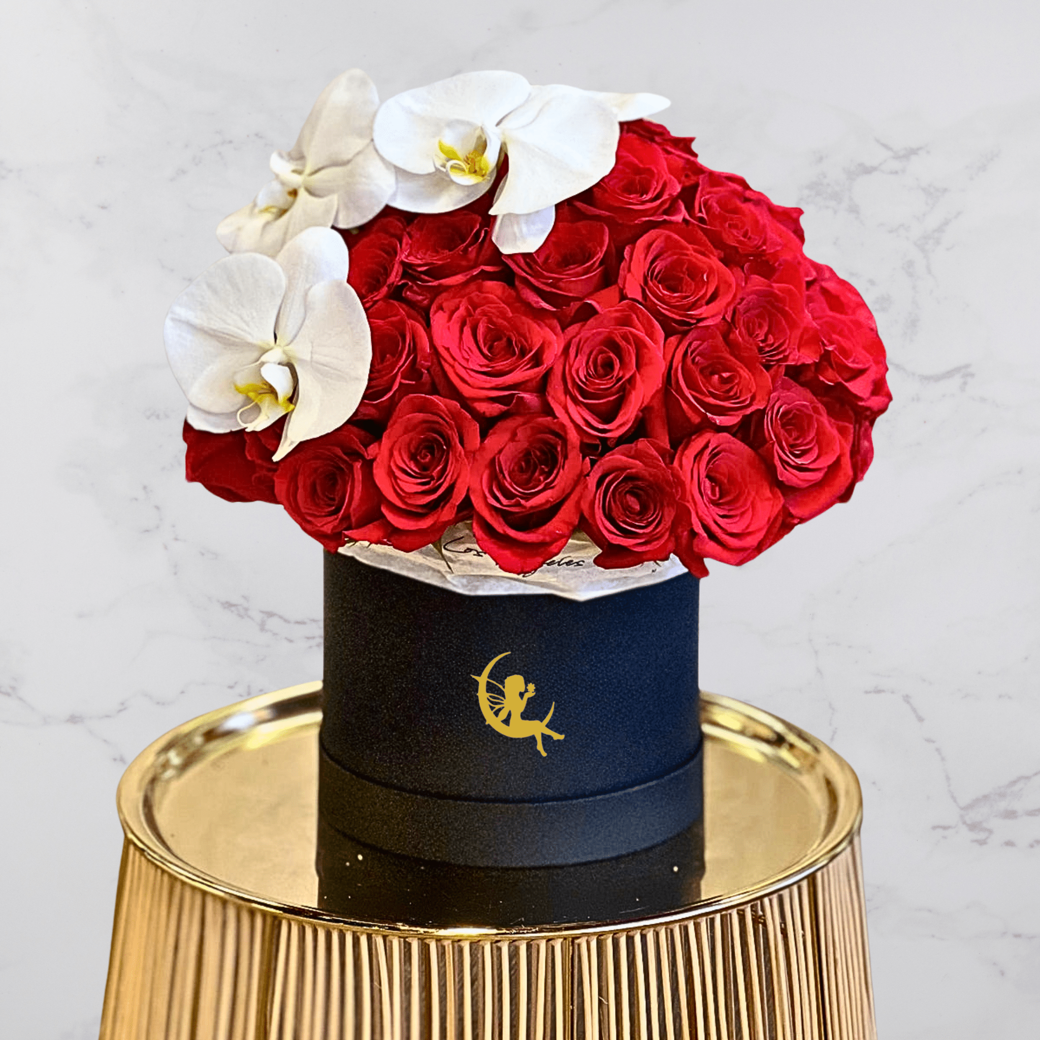 Round Fresh Rose box with orchid – Enchanted Blooms ATL